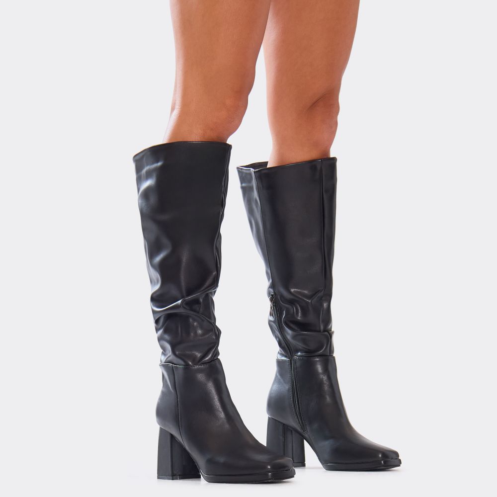 Washington Square Toe Block Heel Knee High Long Boot In Black Faux ...