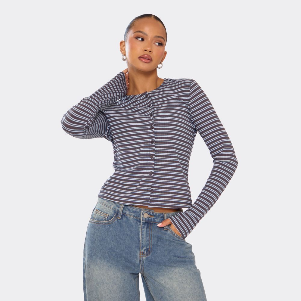 Navy Stripe Long Sleeve Top With Button-Up Detail | EGO