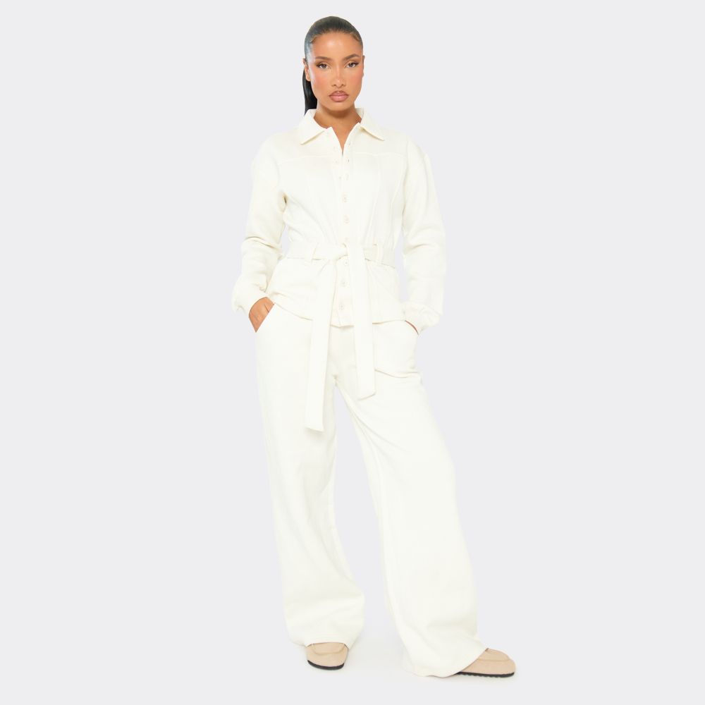 Cream Wide Leg Joggers With A Mid-Rise Waist | EGO